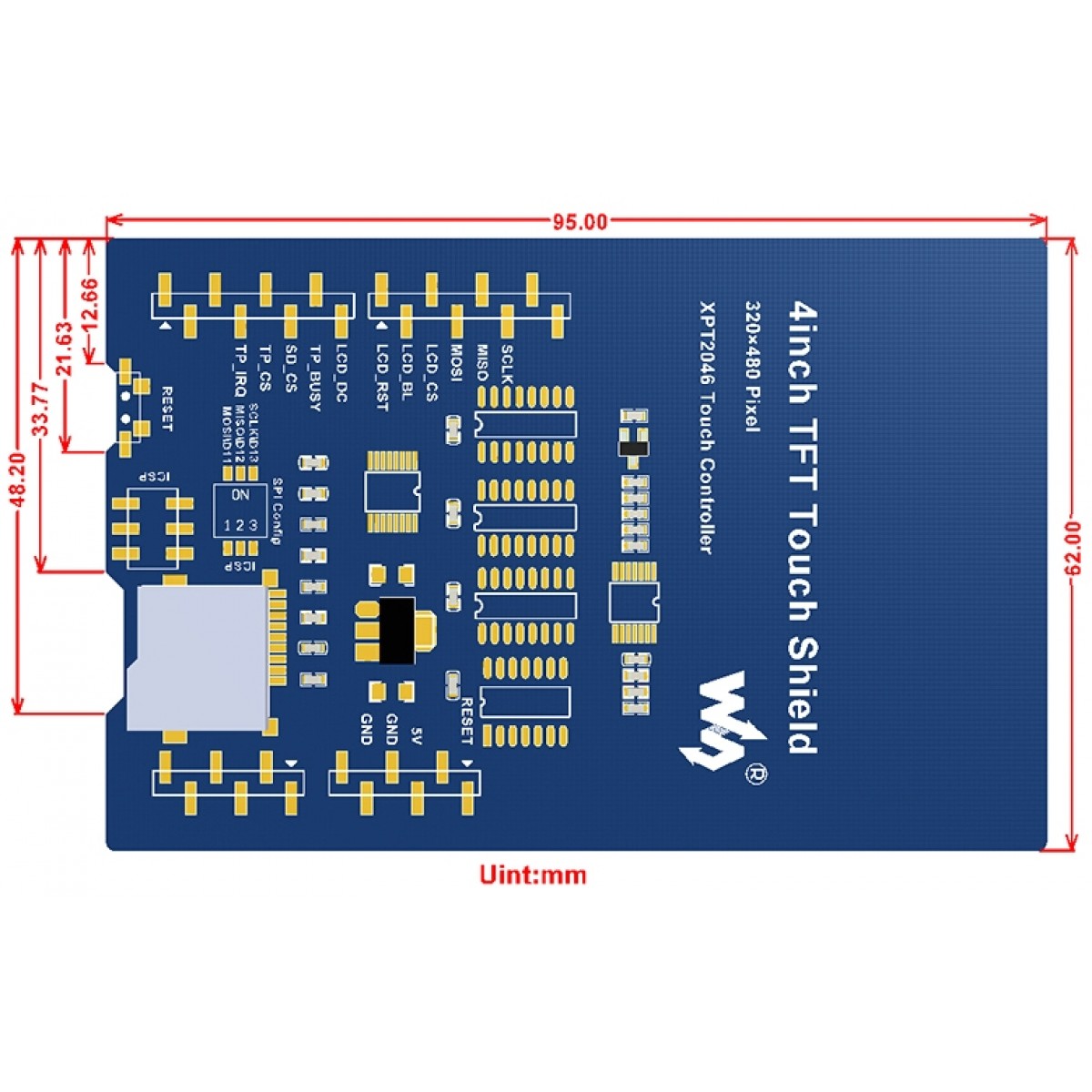 Waveshare 4 inch TFT Display Shield - 480*320 Pixels - met Touchscreen ...