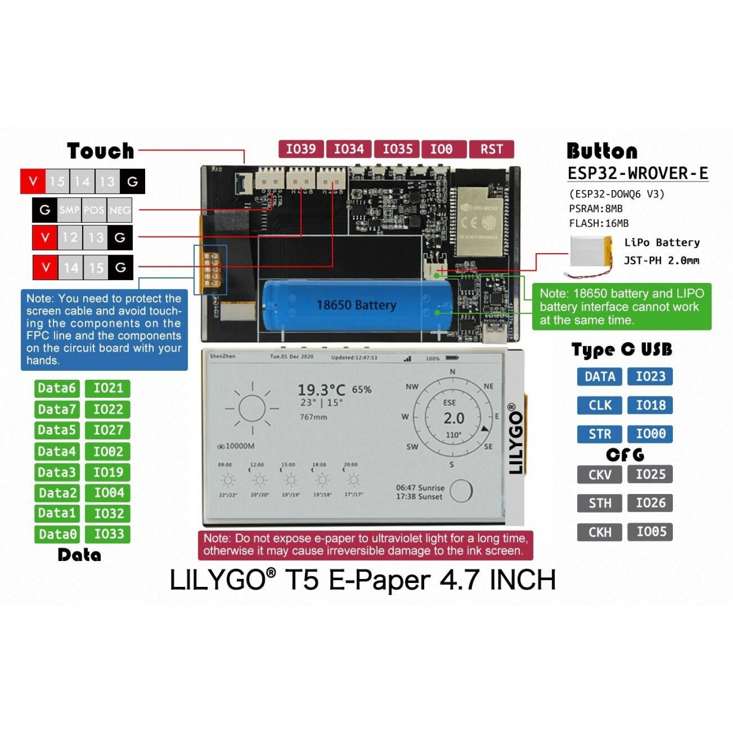 LilyGO TTGO T5 4.7 inch E-paper E-ink ESP32 V3 - with JST-PH Li-Po Connector - LILYGO-Q192