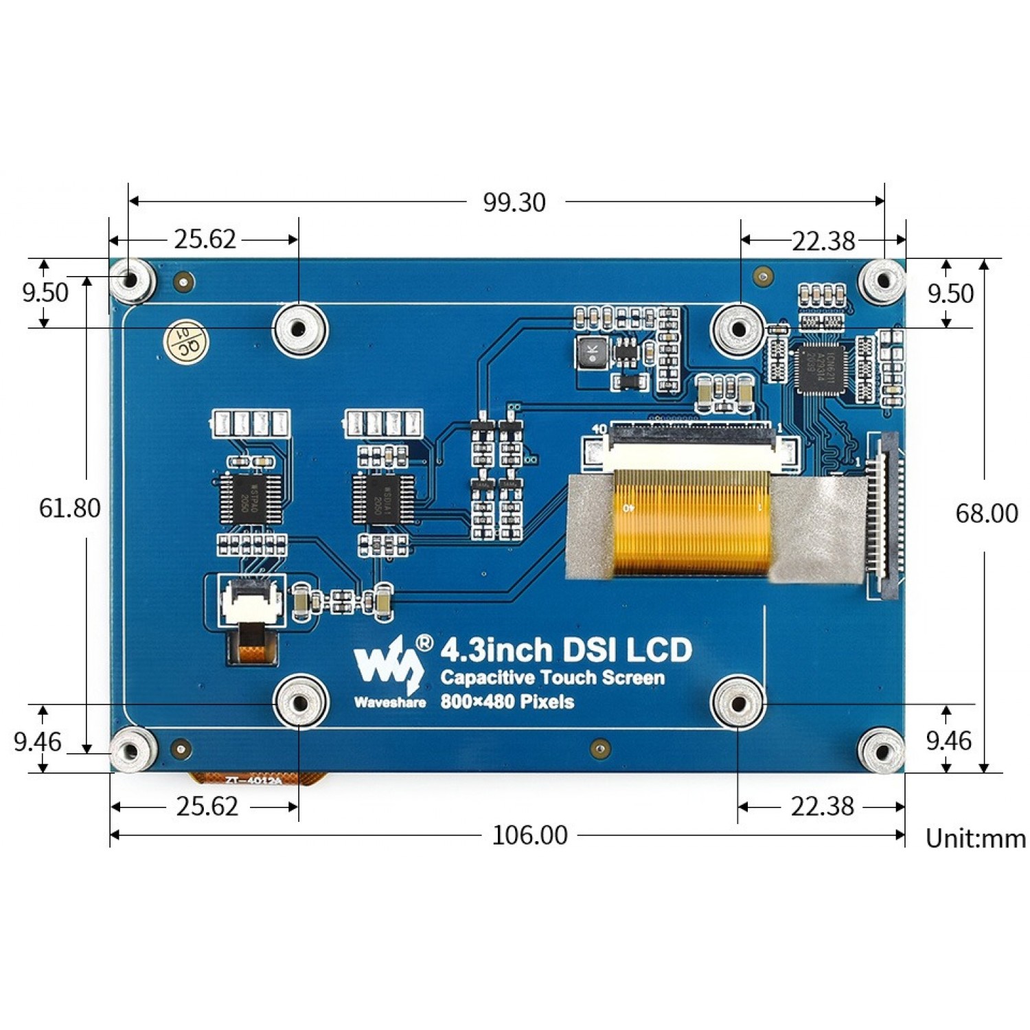 Waveshare 4.3 inch DSI IPS-TFT-LCD Display 800*480 met Touchscreen - voor Raspberry Pi - WS-16239