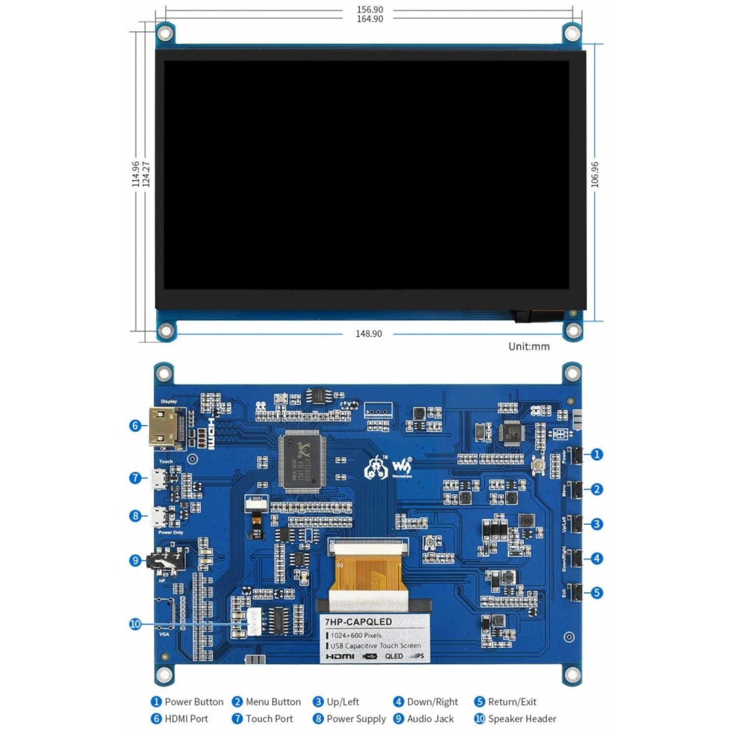 Waveshare 7 inch HDMI QLED Display 1024*600 pixels met Touchscreen - WS-18625