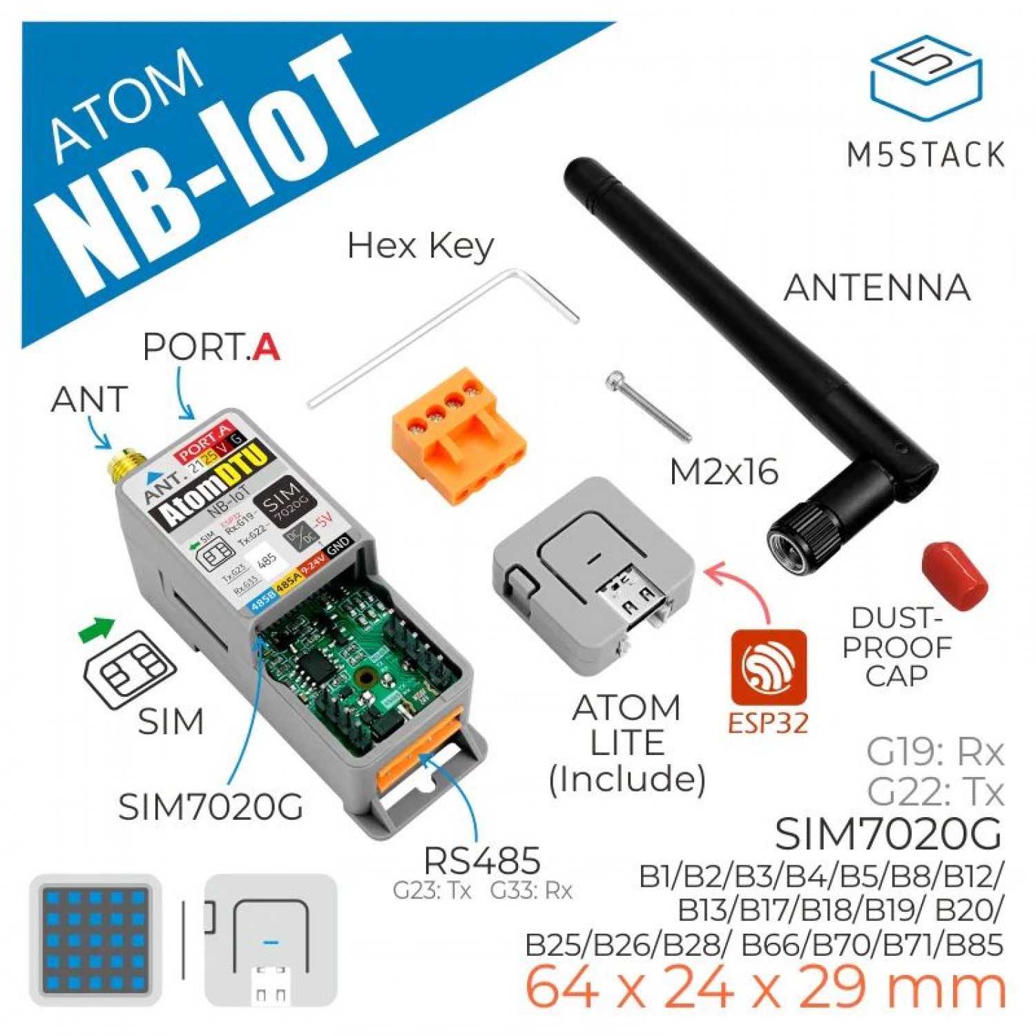 M5Stack Atom DTU NB-IoT Kit - SIM7020G - inclusief M5Atom Lite - M5Stack-K059