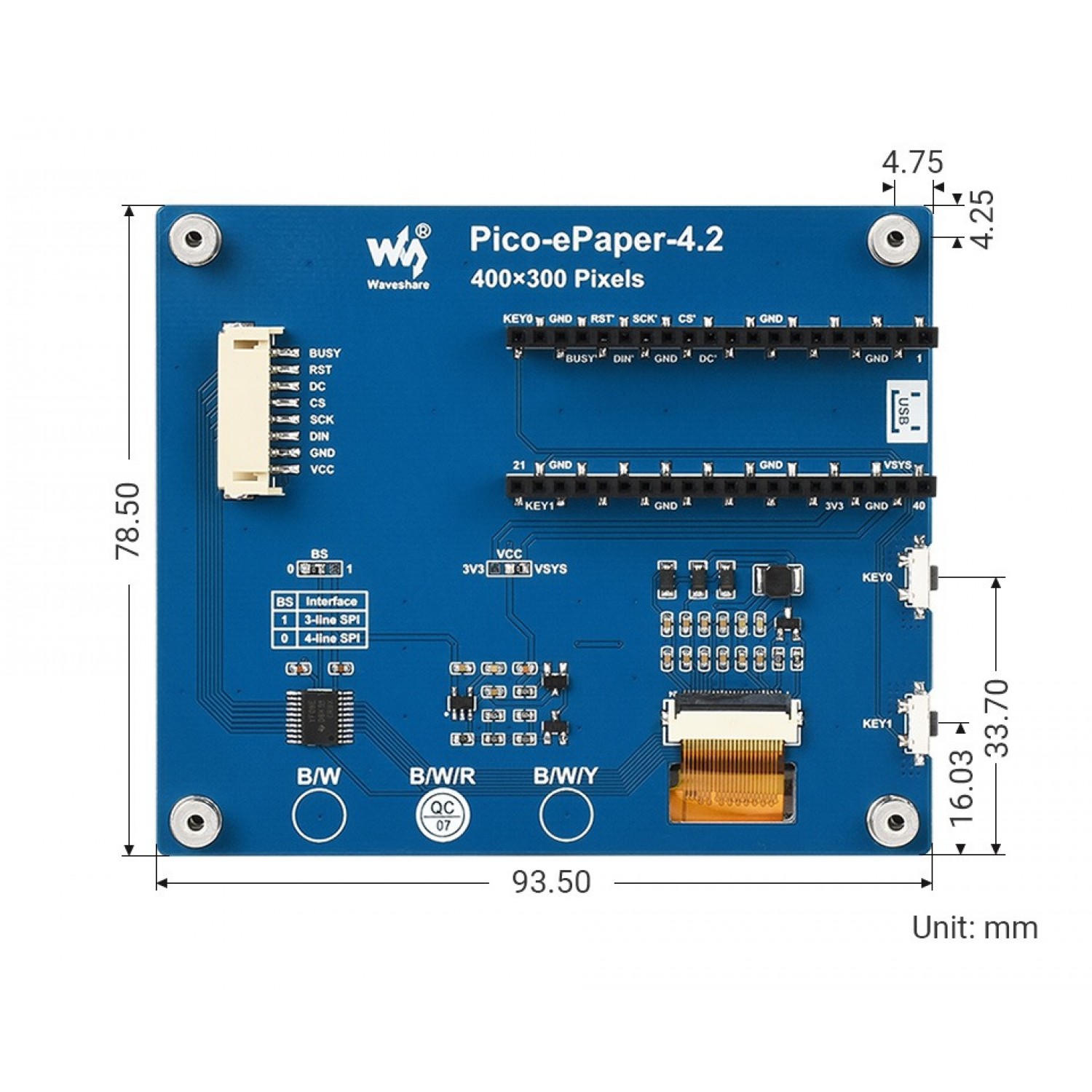 Waveshare 4.2 inch SPI E-Ink E-Paper Display (B) - 3 Kleuren - voor Raspberry Pi Pico - WS-20345