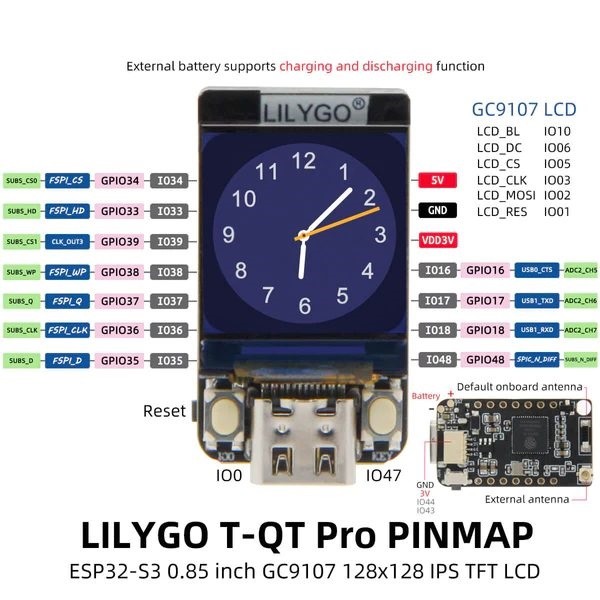 LilyGO T-QT Pro ESP32-S3 - 8MB Flash - with 0.85 inch IPS Display - LILYGO-H588