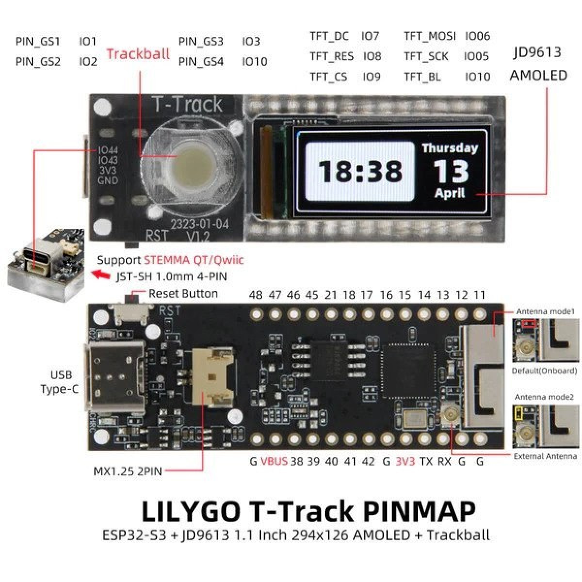 LilyGO T-Track ESP32-S3 - met 1.1 inch AMOLED Display - LILYGO-H620