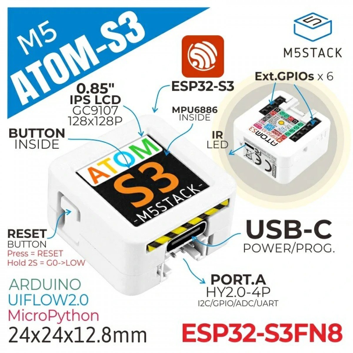 M5Stack Atom S3 - ESP32-S3 Development Board - 0.85 inch Display - M5STACK-C123