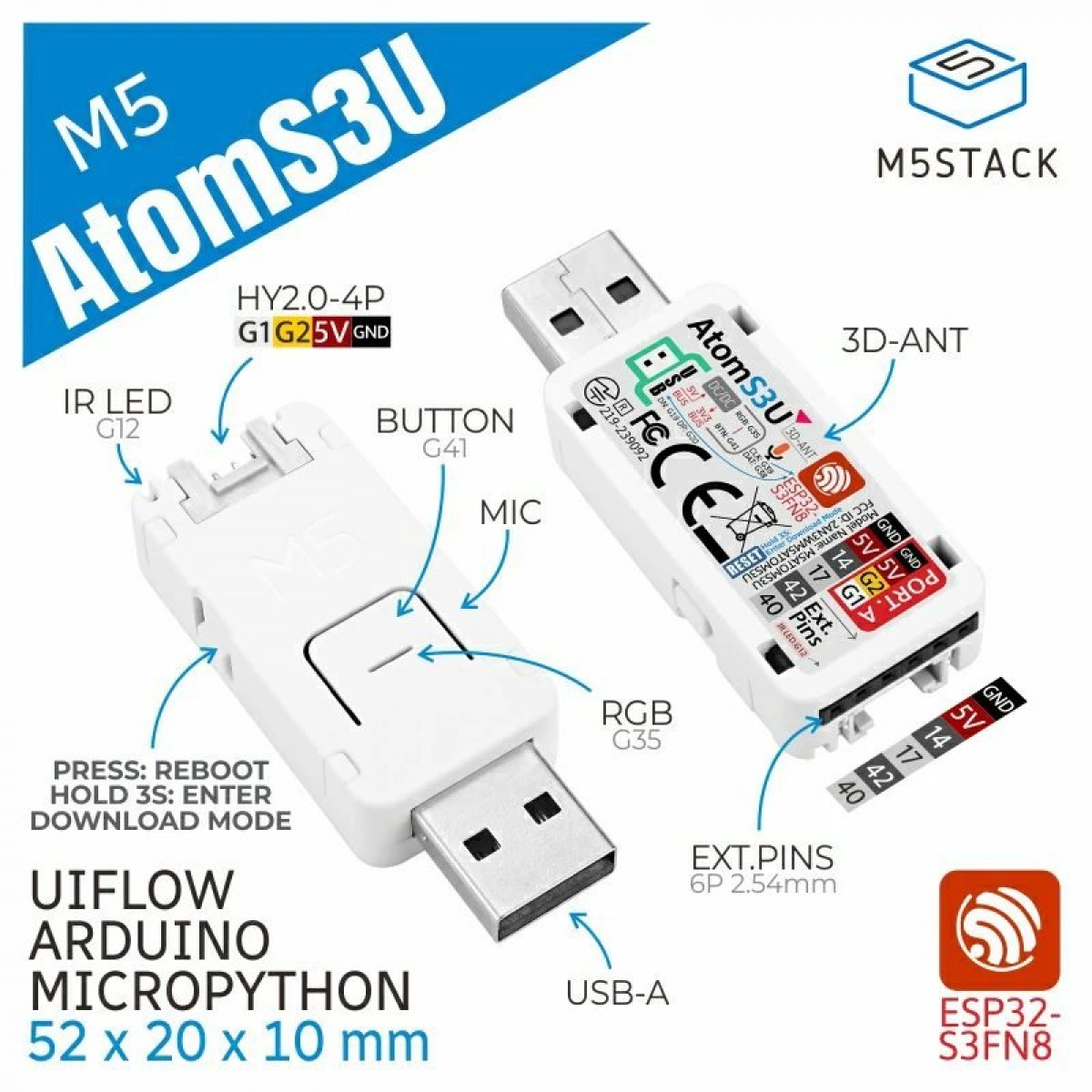 M5Stack AtomS3U - ESP32-S3 - M5STACK-K125