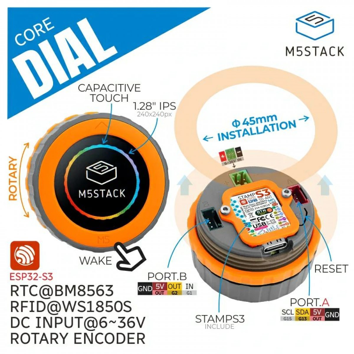 M5Stack M5Dial - ESP32-S3 Smart Rotary Knob met 1.28 inch Display en Touchscreen - M5Stack-K130