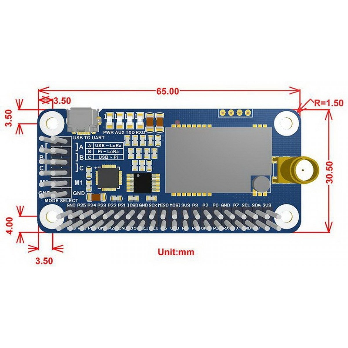 Waveshare SX1262 868MHz LoRa HAT - voor Raspberry Pi - WS-16806