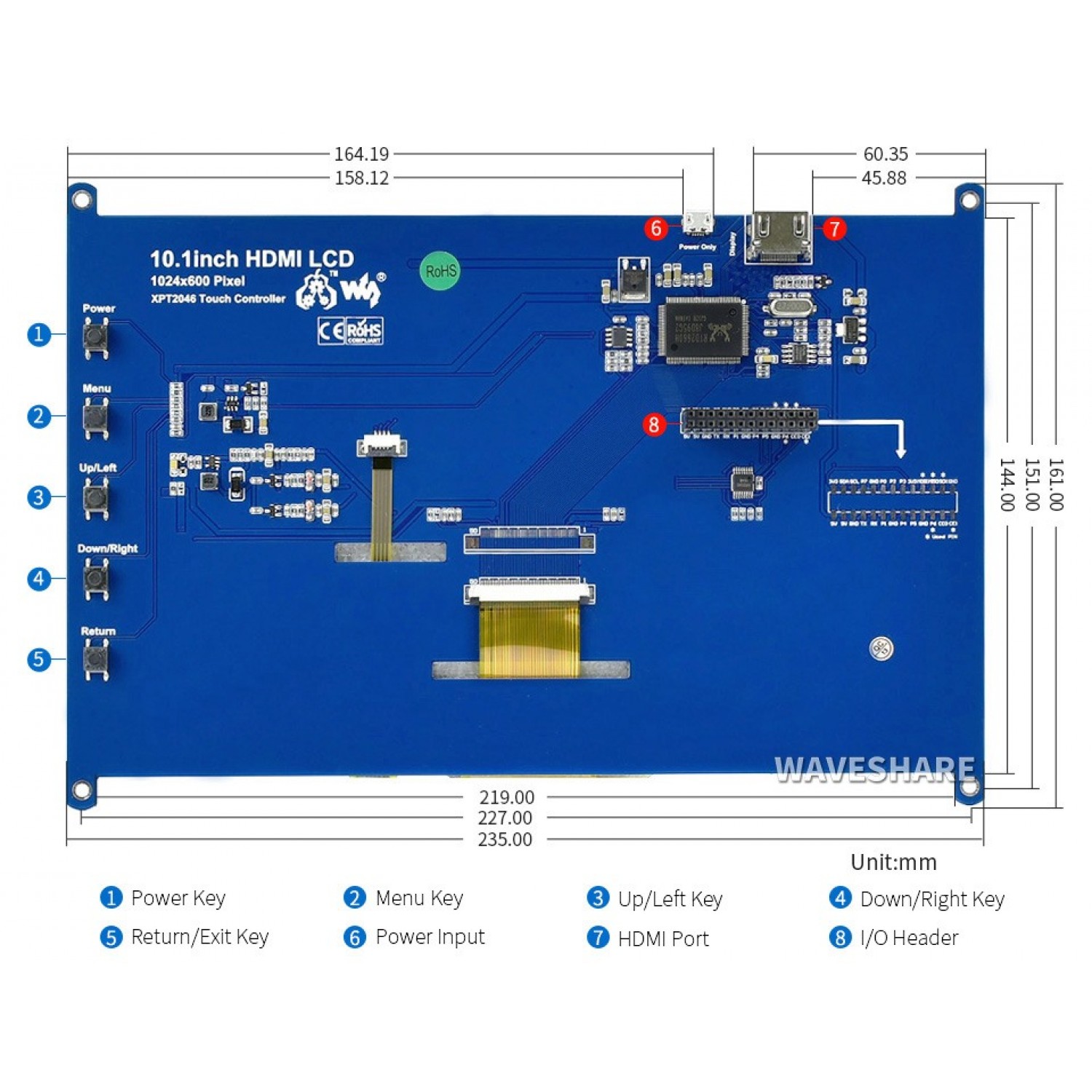 Waveshare 10.1 inch HDMI IPS-TFT-LCD Display 1024*600 pixels met Touchscreen - Raspberry Pi ...