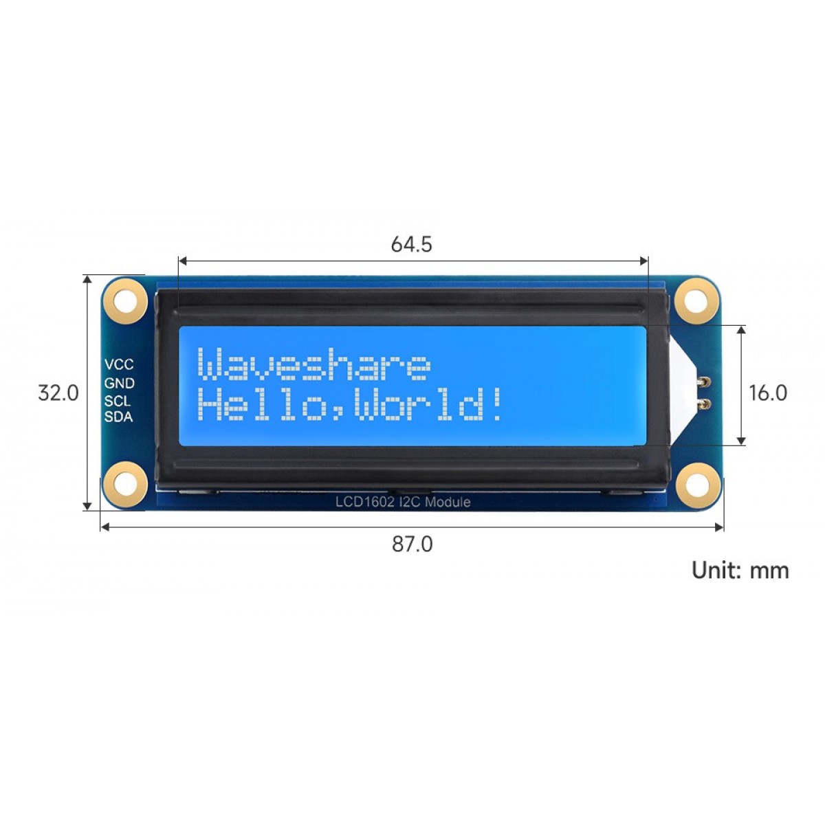 Waveshare 16x2 LCD Display with White Text and Blue Blacklight - I2C ...
