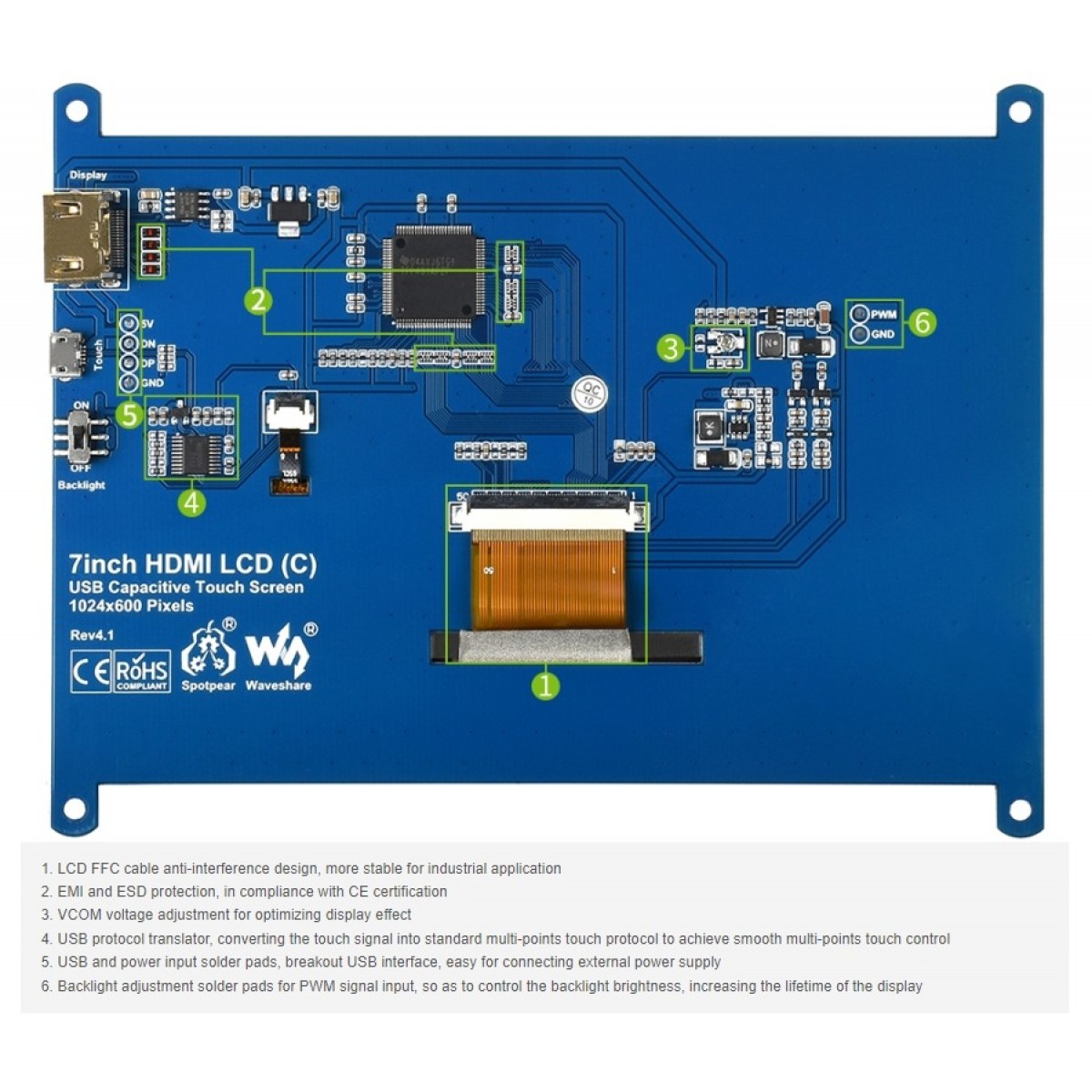 Waveshare 7 inch HDMI IPS-TFT-LCD (C) Display 1024*600 pixels met Capacitief Touchscreen - WS-11199