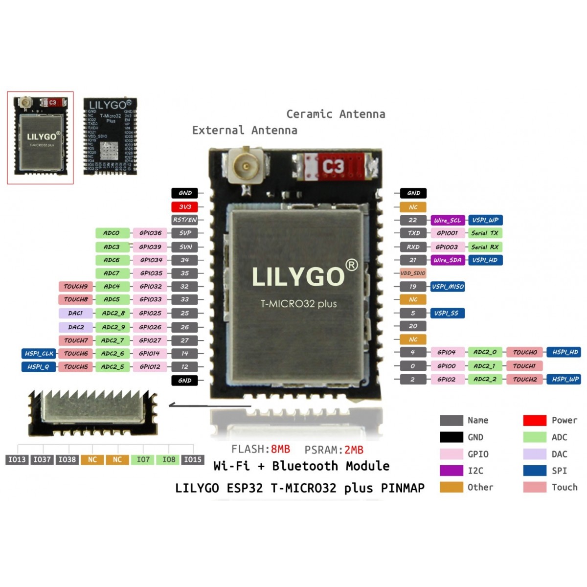 LilyGO TTGO T-Micro32 Plus Wi-Fi and Bluetooth Module - ESP32-PICO-V3-02 - LILYGO-H478