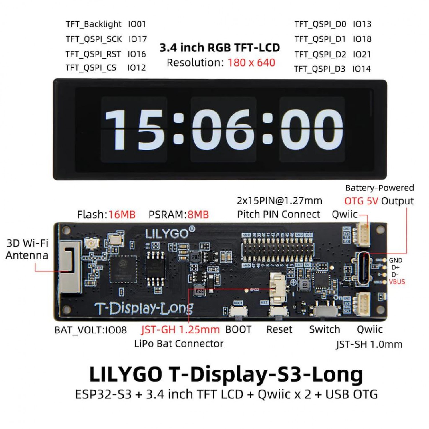 LilyGO T-Display-S3 Long ESP32-S3 - met 3.4 inch IPS Display en Touchscreen - LILYGO-H685