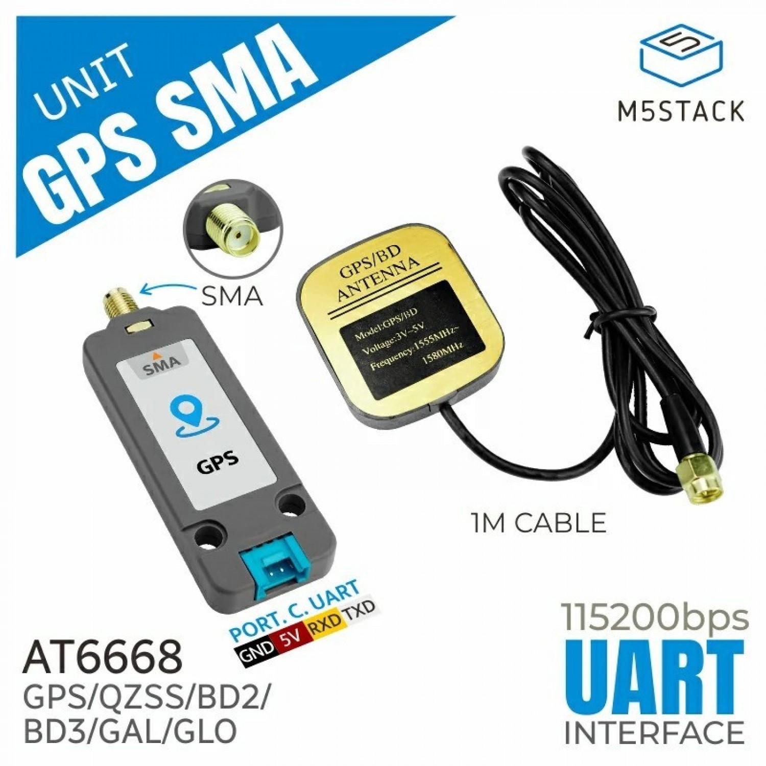 M5Stack GPS-BDS-GNSS Unit - with SMA Antenna - M5STACK-U190
