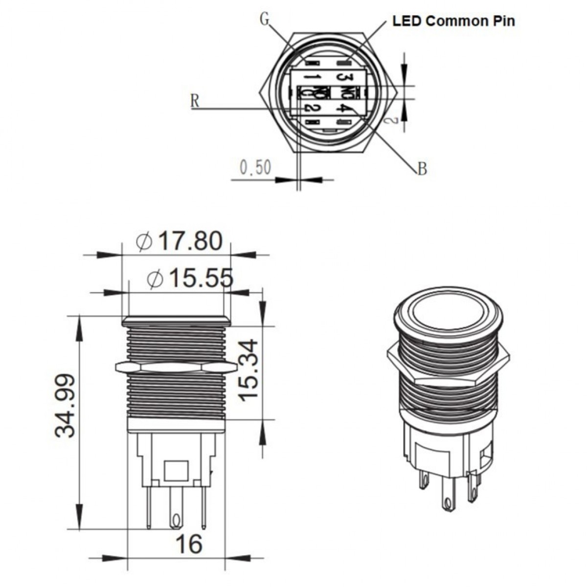 Metal Push Button 16mm - On-Off - with 3-6V RGB LED - ABD16C-P11Z-E-RGB6V