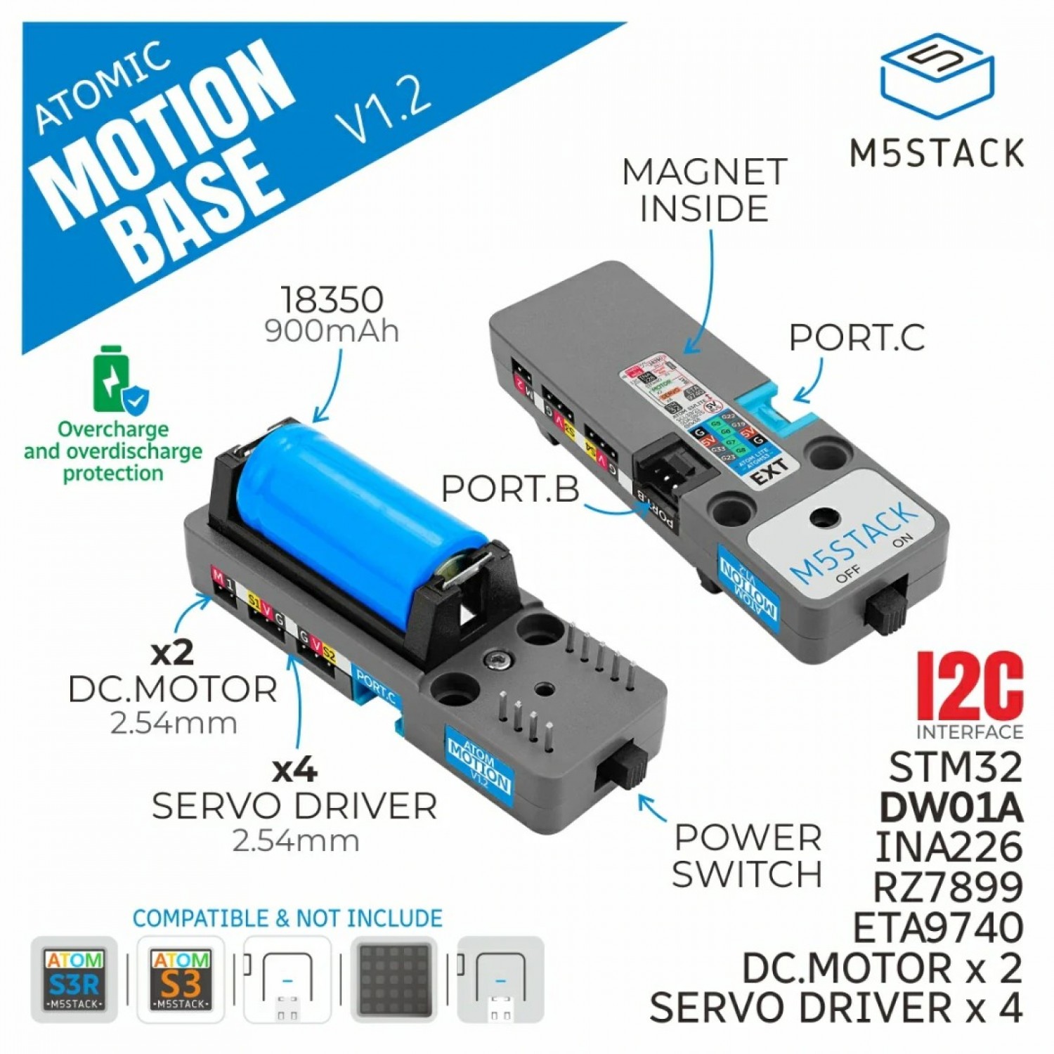 M5Stack Atomic Motion Base V1.2 - with Power Monitor - M5STACK-A090-V12