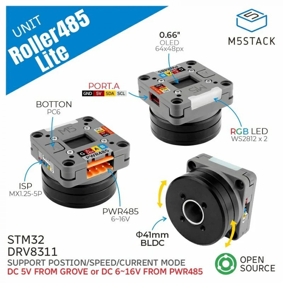 M5Stack Roller485 Lite Unit - with BLDC motor - without Slipring - M5STACK-U182-LITE