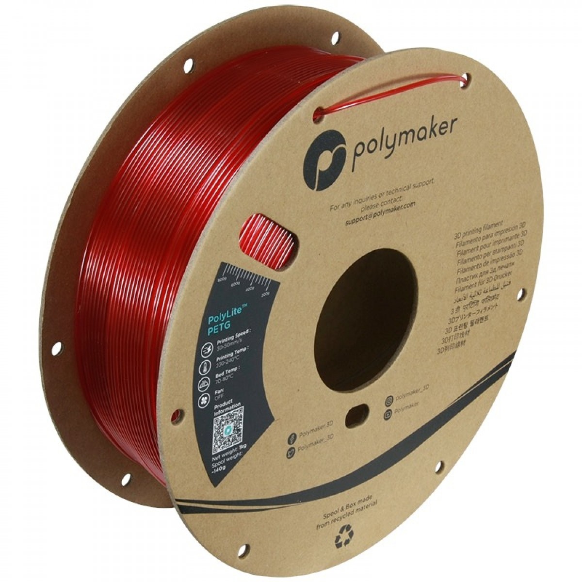Polymaker PolyLite PETG Filament 1.75mm - 1kg - Red Transparent - PB01031