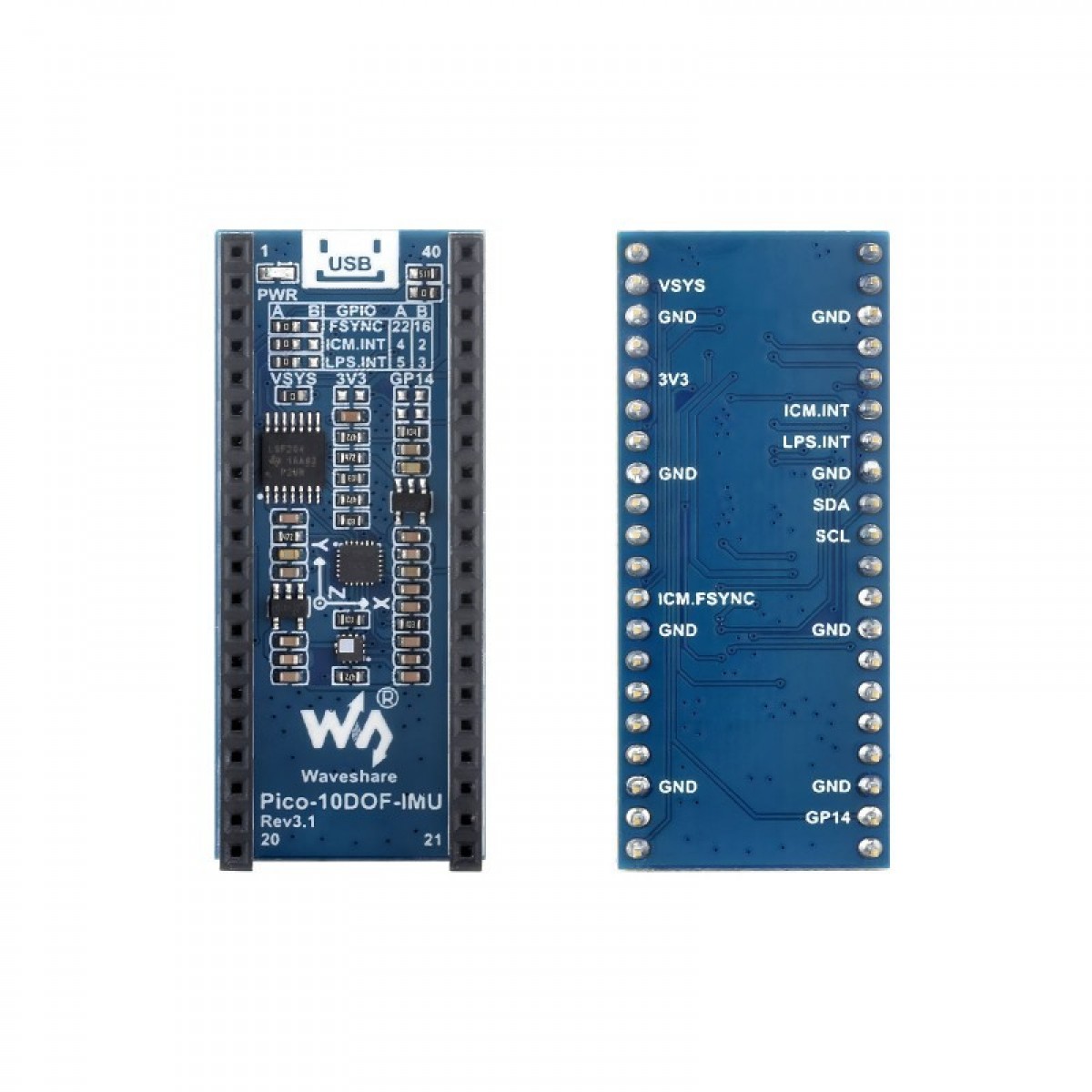 Waveshare 10-DOF IMU Sensor Module for Raspberry Pi Pico - ICM-20948 - LPS22HB - WS-19358-rev3.1