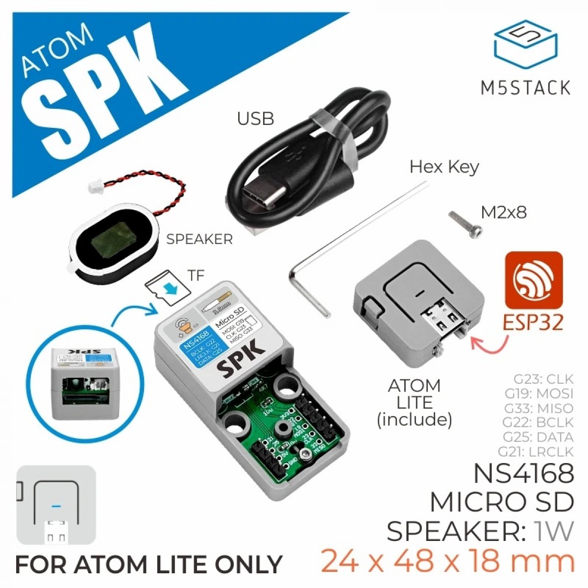 M5Stack Atom Speaker Kit - inclusief M5Atom Lite - M5STACK-K054